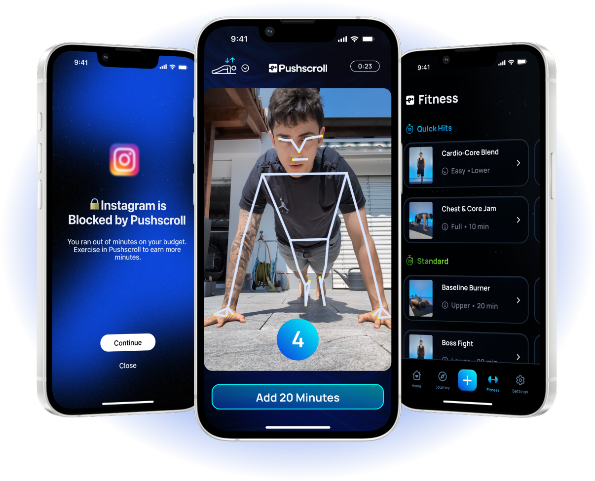 Pushscroll - Replace Doomscrolling with Fitness | Turn Screen Time into Workout Time